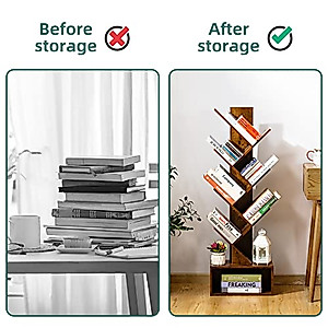Yoobure Tree Bookshelf - 6 Shelf Retro Floor Standing Bookcase, Tall Wood Book Storage Rack for CDs/Movies/Books, Utility Book Organizer Shelves for Bedroom, Living Room, Home Office, Rustic Brown