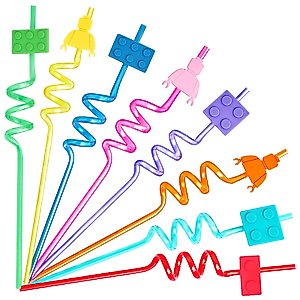 24 Pcs Building Blocks Party Favors Drinking Straws, 8 Colors Reusable Straws for Kids Adults Birthday Party Decoration Supplies with 2 Pcs Straws Cleaning Brush