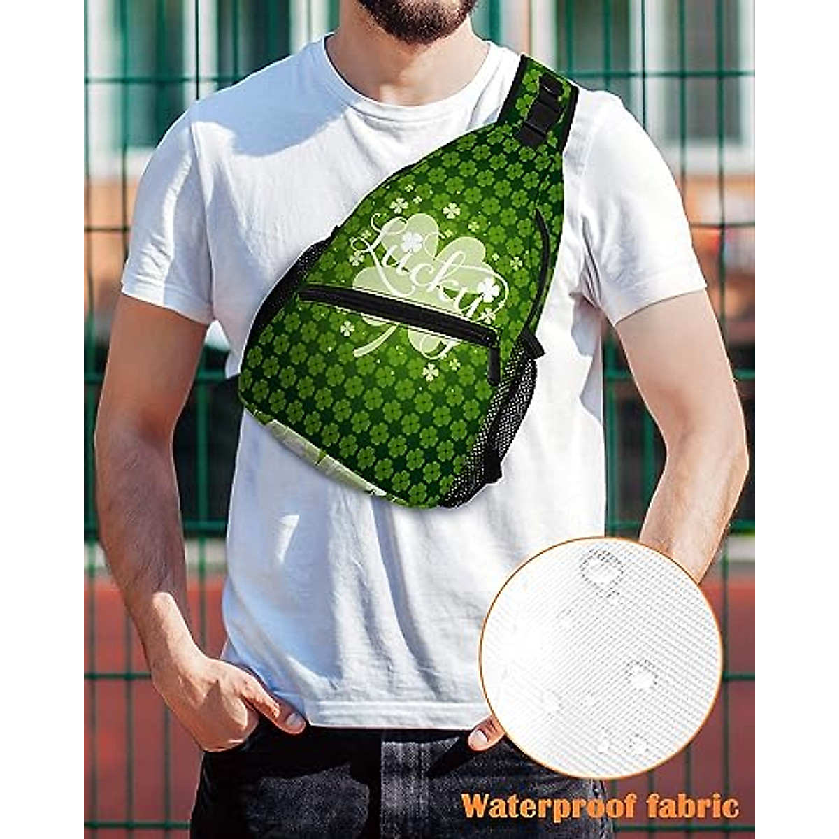 Sling Backpack, St. Patrick's Day Lucky Shamrocks Green Clovers Waterproof Lightweight Small Sling Bag, Travel Chest Bag Crossbody Shoulder Bag Hiking Daypack for Women Men