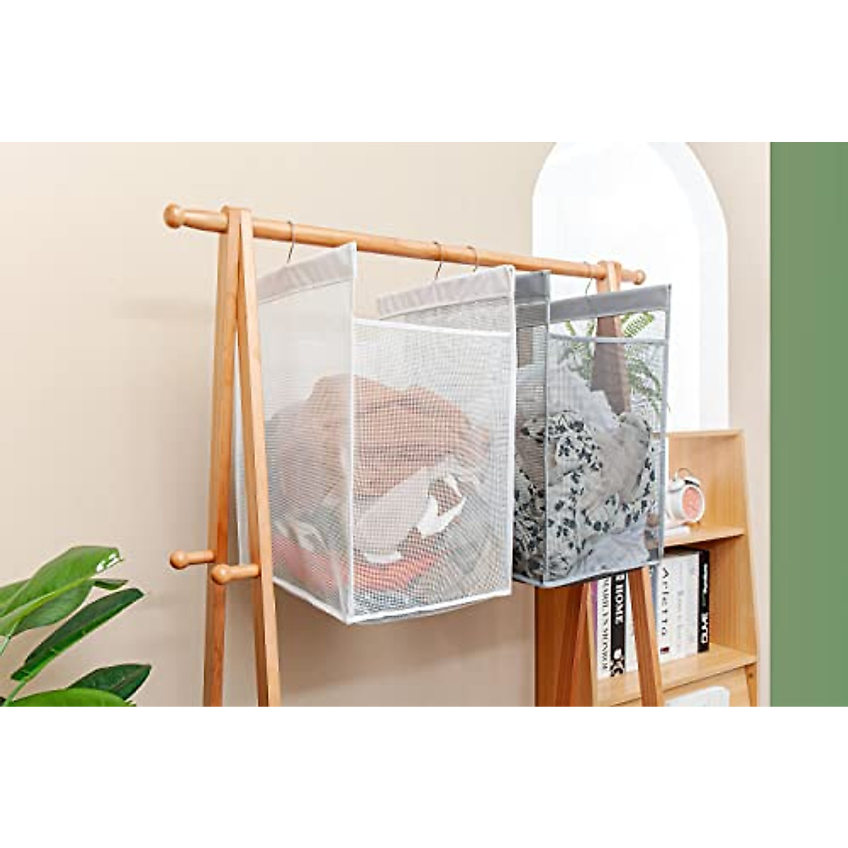 ALYER Hanging Collapsible Closet Mesh Laundry Hamper,Heavy Duty Laundry Basket and Durable Dorm Bathroom Storage Bag with Two Hangers,Gray