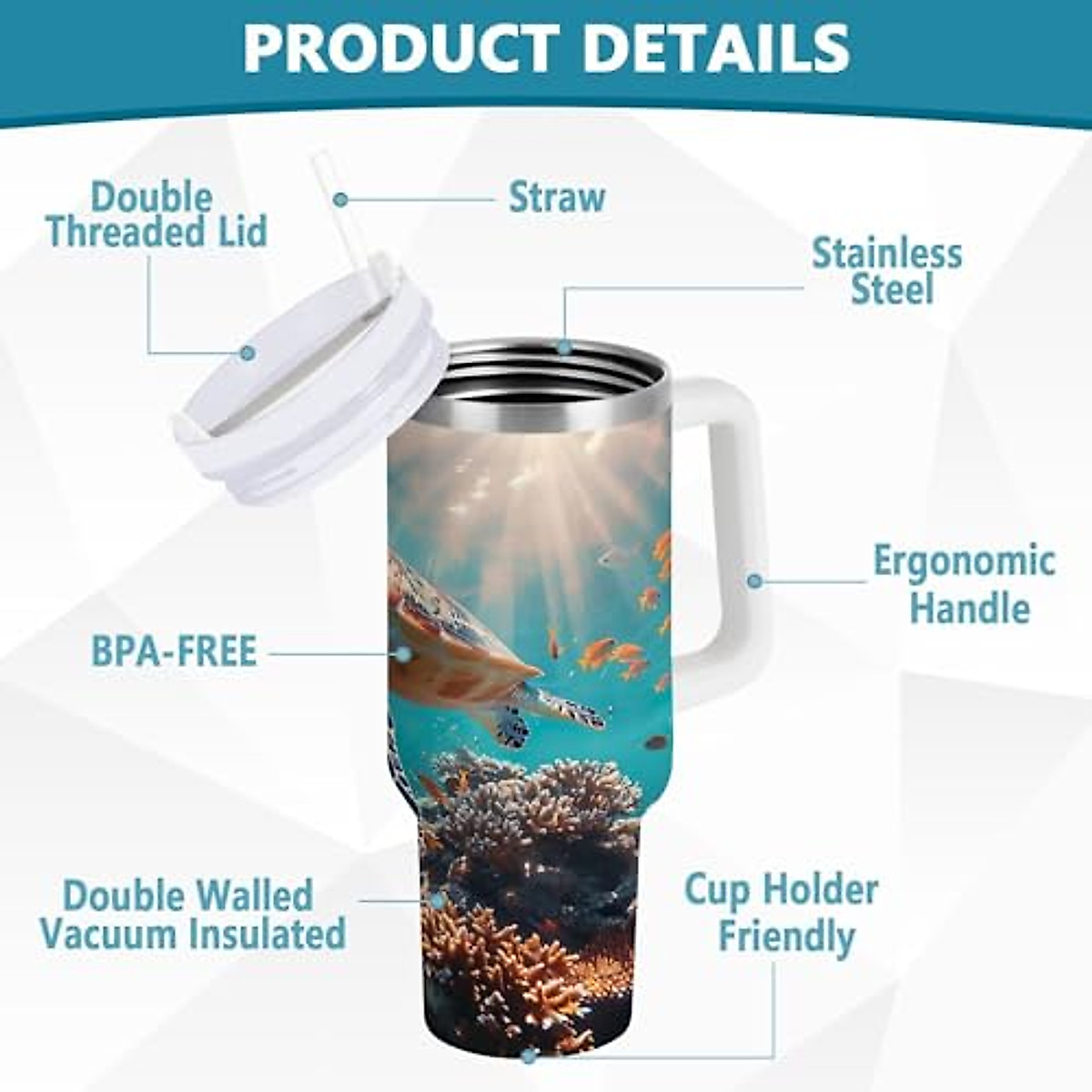 RPLIFE Colorful Coral Sea Turtle Tumbler, Stainless Steel Mug, Water Tumbler with Straw