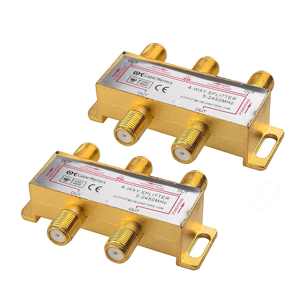 Cable Matters 2-Pack 2.4 Ghz 4 Way Coaxial Cable Splitter for STB TV, Antenna and MoCA Network - All Port Power Passing - Gold Plated and Corrosion Resistant