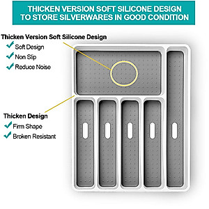 SUJUDE Silverware Drawer Organizer - Non Slip Utensil Tray Narrow, Kitchen Cutlery Tray Drawer Organizers Plastic 6 Compartment Gray Tray