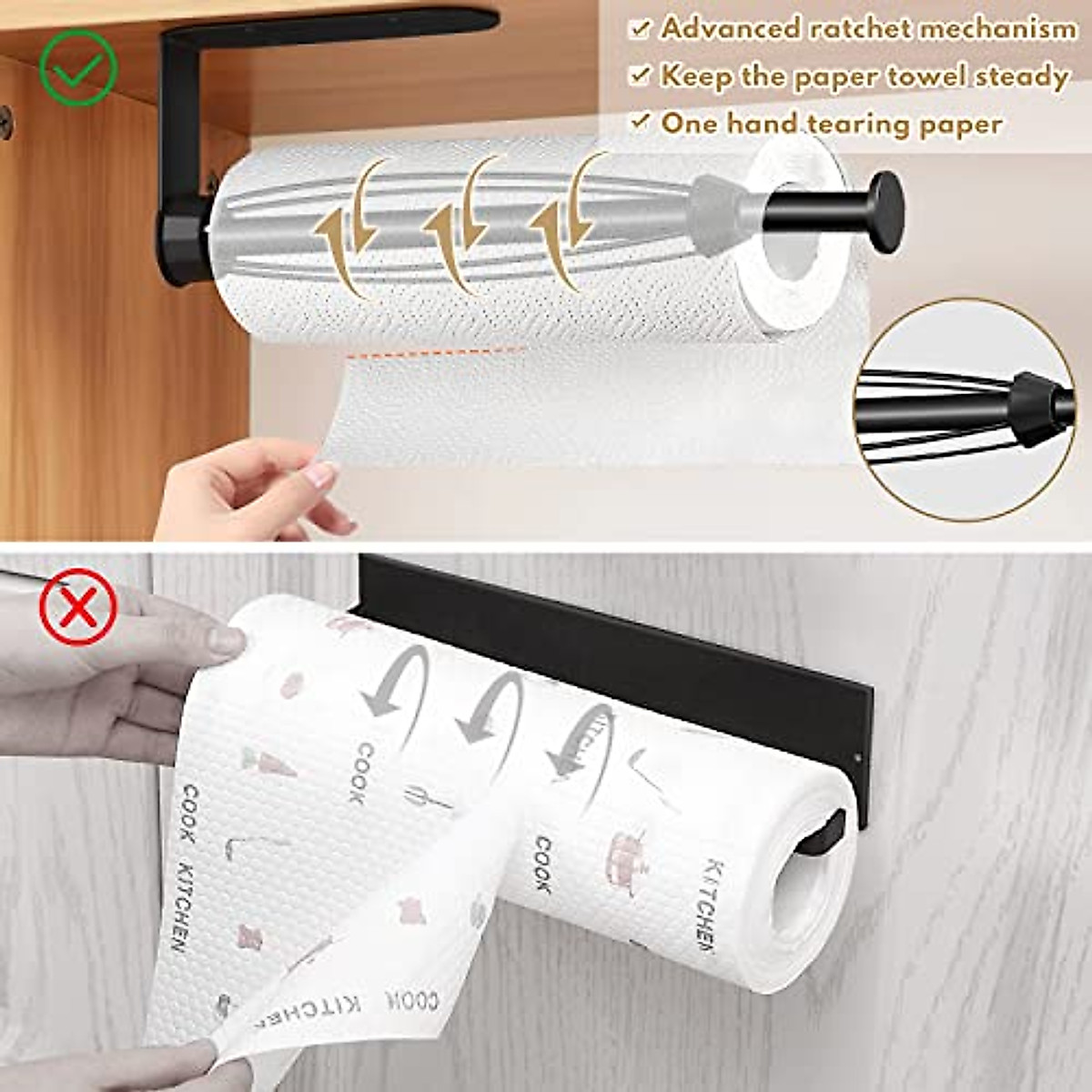 SOAMOEU Paper Towel Holder Under Cabinet, Single Hand Operable Paper Towel Holder Wall Mount with Damping Effect, Self-Adhesive or Drilling for Kitchen, Bathroom (Black)