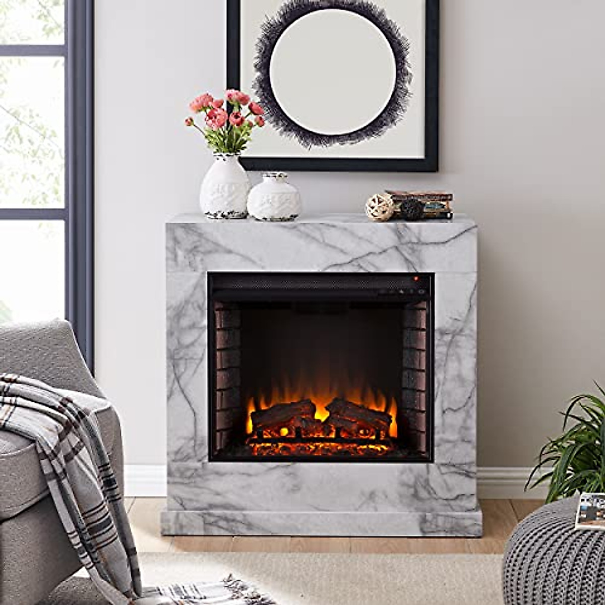 SEI Furniture Dendale Faux Marble Electric Fireplace, White-Gray Veining