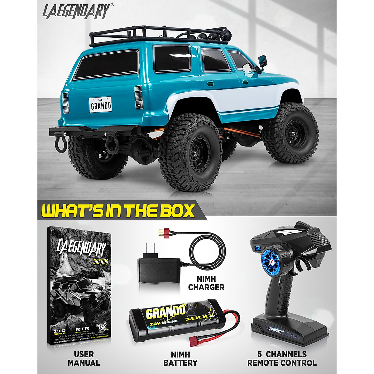 LAEGENDARY RC Crawler - 4x4 Offroad Crawler Remote Control Truck for Adults - RC Rock Crawler, Fast Speed, Electric, Hobby Grade Car - 1:10 Scale, Brushed, Blue - Green