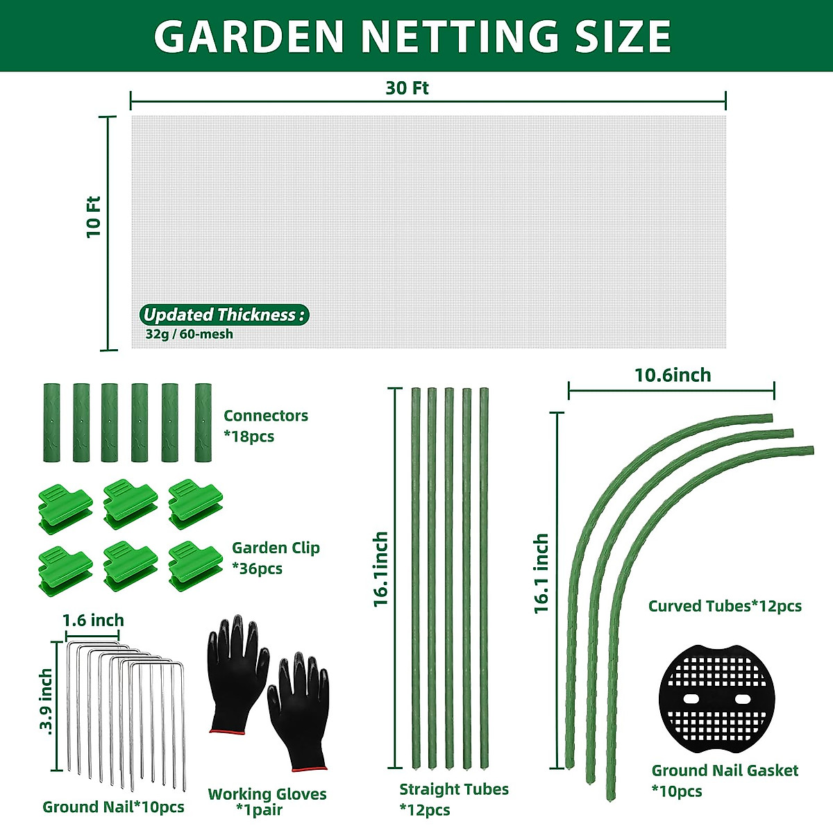 Garden Netting Kit, 10x30 Ft Pest Barrier Bird Ultra Fine Mesh Netting with 6Sets Garden Hoops & 36 Clips for Raised Beds, Garden Plants Net Protection for Vegetable Fruit Flowers Greenhouse Row Cover
