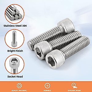 3/8-16 x 1-1/4" Socket Head Cap Screws Bolts, Stainless Steel 18-8 (304), Bright Finish, Fully Threaded, Allen Socket Drive, 10 PCS