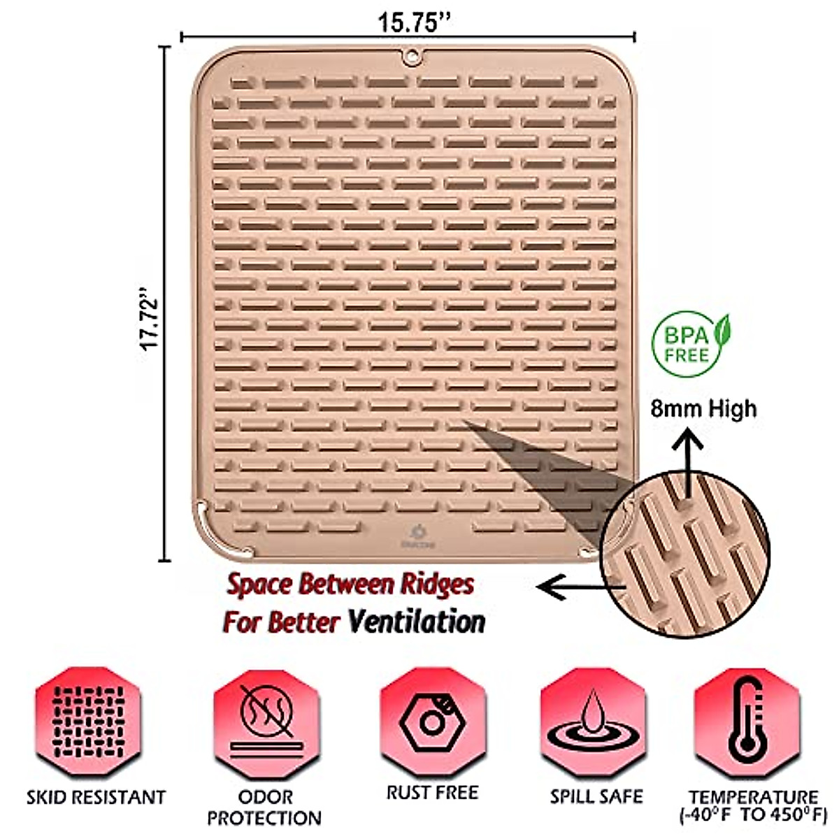 STARCONE Silicone Dish Drying Mat- Large Pastel Soft Brown/Tan 18"x16" 8mm High Ridges Mat Food Grade Safe Eco-Friendly Heat Resistant Non-Slip Fastest Drying Mat for Bathroom Kitchen Countertop