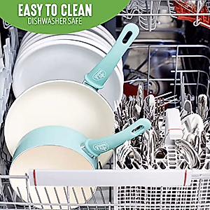 GreenLife Soft Grip Healthy Ceramic Nonstick 16 Piece Kitchen Cookware Pots and Frying Sauce Pans Set, PFAS-Free, Dishwasher Safe, Turquoise