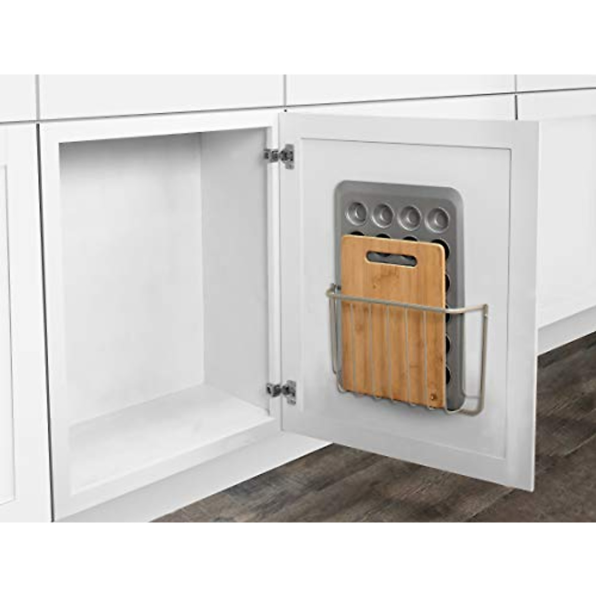 Spectrum Diversified Ashley Cabinet & Wall-Mounted Board & Bakeware Holder, Cookie Sheet Cutting Board Organizer for Cabinet, Baking Accessory Storage & Organization, Satin Nickel