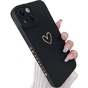 SmoBea Compatible with iPhone 13 Case Luxury Gold Heart Pattern Soft Liquid Silicone Shockproof Case for Women Girls Side Cute Plated Heart Pattern Slim Phone Case (Black)
