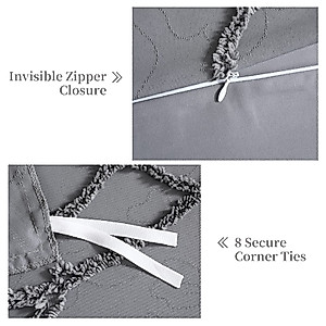 Queen Size Duvet Cover Set - 3-Piece Shabby Chic Branches Tufted Embroidery Duvet Cover Set for All Seasons, Grey, 90 x 90 Inch