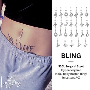 Initial Dangle Belly Button Rings | Embellished with CZ Crystals in Silver Letters A to Z | Ideal for Navel Piercings Belly Piercings - Initial P - BB-016