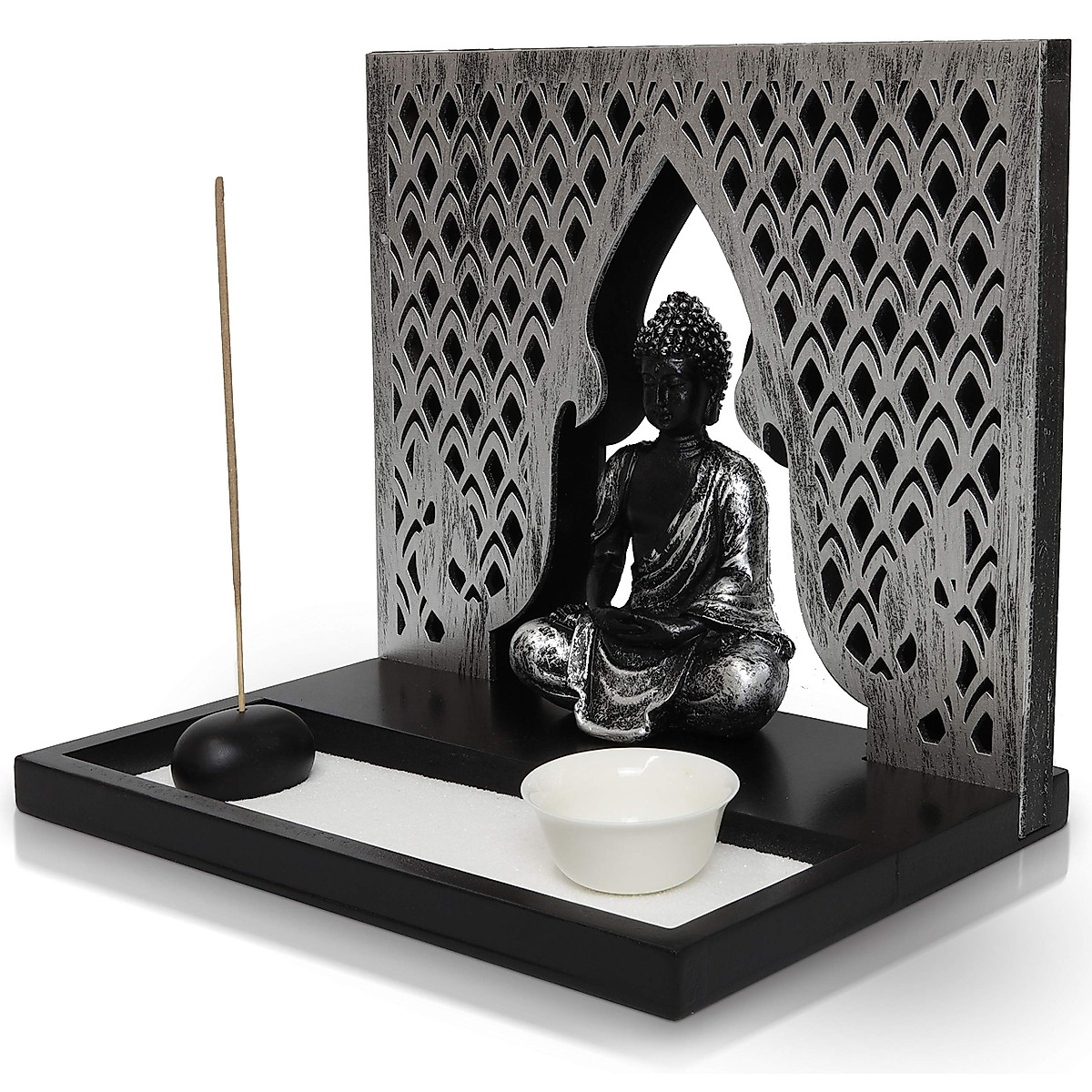 Basic Fundamentals Zen Garden Candle Holder Home Decor - Buddha Incense Stick Holder Office Desk Accessories - Zen Garden Sand Office Decor - Buddha Table Top - 8.75" x6.5”x 8.75”