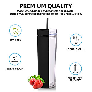 Volhoply 20oz Plastic Skinny Tumblers Bulk 10 Pack,Double Wall Tumbler with Lid and Straw,BPA Free Matte Acrylic Iced Coffee Cups With Straw,Reusable Travel Cute Mug for Party,DIY Gift(Black,10 Set)