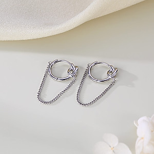 SLUYNZ 925 Sterling Silver Punk Chain Small Hoop Earrings for Women Men Teens Minimalist Hoop Earrings Tassel (A-Silver)