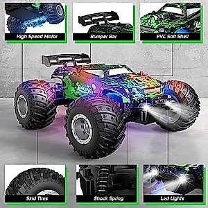 BAZOLOTA RC Car, 1:18 Scale All Terrain RC Truck, 2WD 20Km/h Remote Control Car, Remote Control Truck with LedLight and Two Rechargeable Batteries, Monster Truck Off Road Racing Car for Kid and Adult