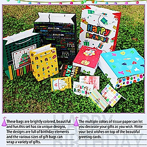 Birthday Gift Bags with Tissue Paper and Greeting Cards, 6pcs Gift Bags Set with Handles, Large 15.7'', Medium13'', Small 9'' Assorted Sizes Happy Birthday Gift Bags for Women Kids Girls Men Boys (birthday)