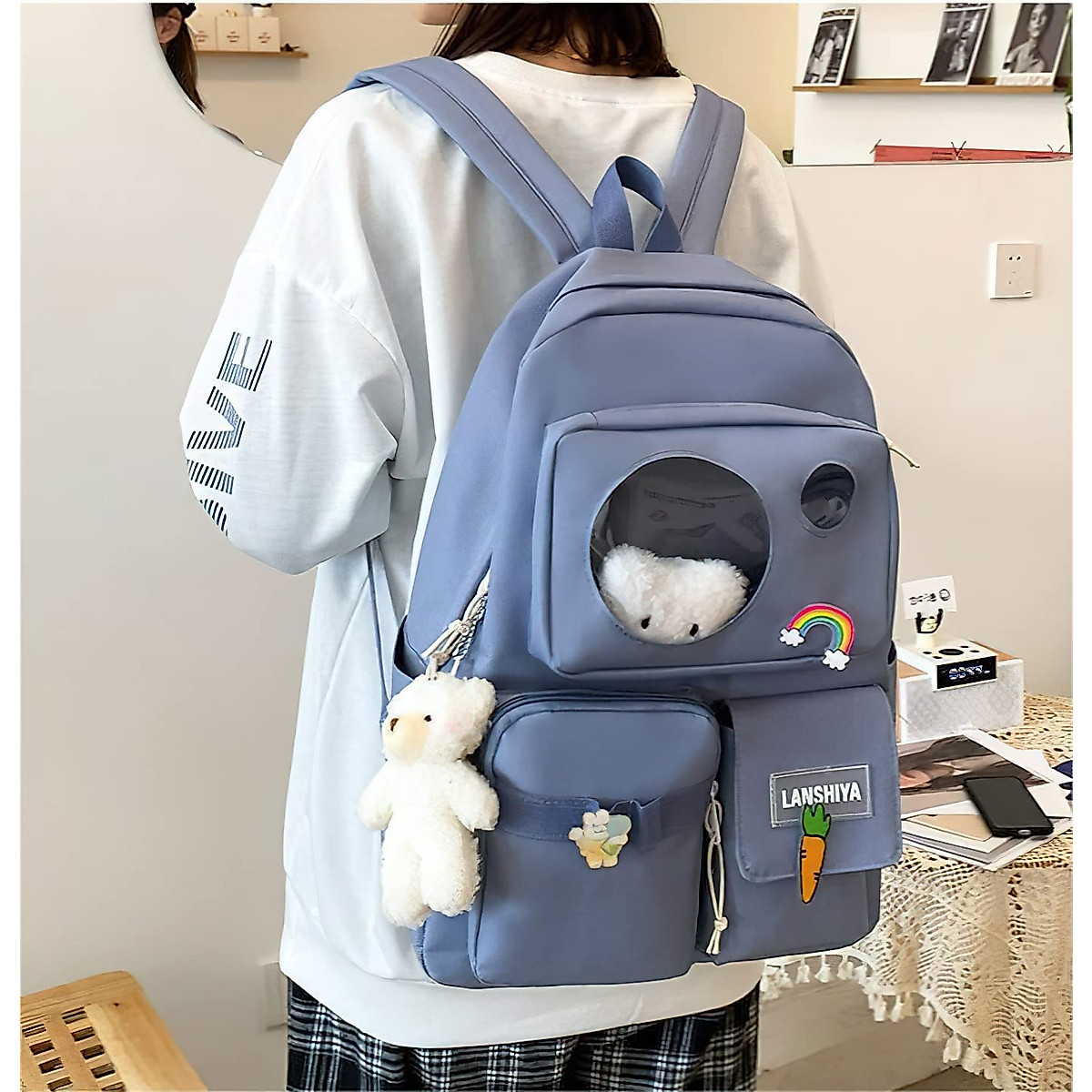 LaurelTree Kawaii Aesthetic Cute 5pcs School Bags Set with Accessories School Suppliers for Teens Girls Backpack Tote Bag (Pink)