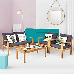 COSTWAY 4 Pieces Outdoor Acacia Wood Sofa Set, Outdoor Conversation Sofa Set with Table & Cushions Porch Chairs for Garden, Patio, Deck