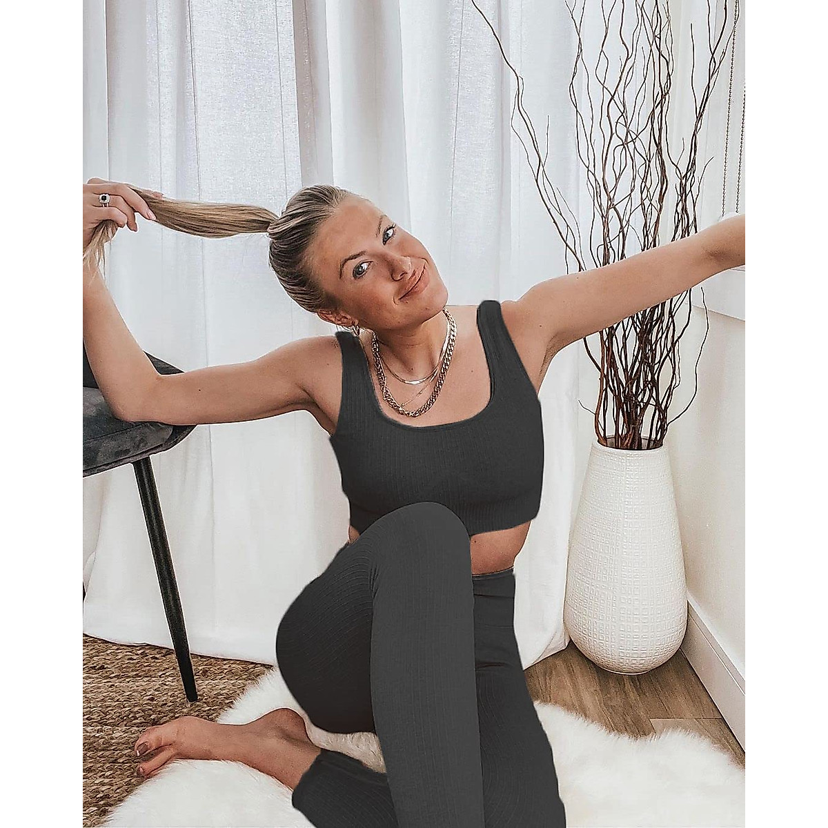 Beaufident Workout Set for Women Active 2 Pieces Seamless Ribbed Yoga Leggings with Support Paded Sports Top Black