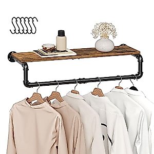 YATINEY Pipe Clothes Rack, 31.5 in Wall Mounted Garment Rack with Top Shelf, Industrial Clothing Rack, Heavy Duty Detachable, Space Saver Hanging Clothes Rack, Rustic Brown FS08BR