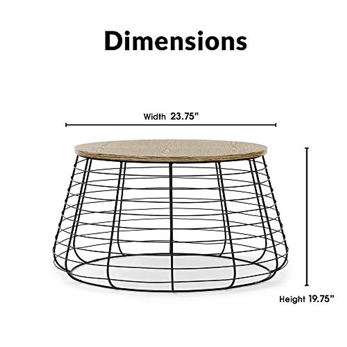 ClickDecor Lydia Matte Black Wireframe Coffee Table, Modern Farmhouse Round Living Room Accent Furniture Distressed Wood Finish Tabletop, Fully Assembled, Brown 23.6D x 23.6W x 19.7H in