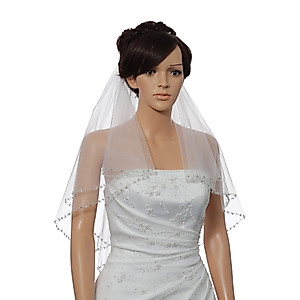 2T 2 Tier Silver Pearl Crystal Beaded Veil - Light Ivory Fingertip Length 36" V485