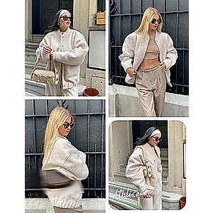 Athlisan Womens Oversized Wool Blend Bomber Jacket Casual Button Down Varsity Jacket with Pockets(Beige-L)