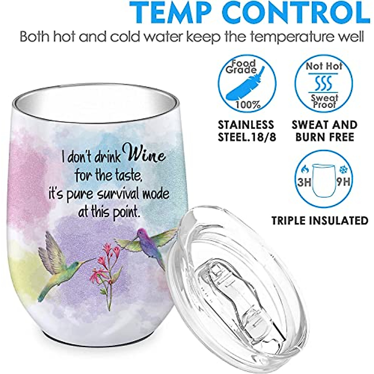 KAIRA I don't Drink Wine for the Taste Insulated Wine Tumbler with Lid 12 OZ -Stainless Steel Outdoor Wine Glass - Funny Birthday Christmas Gifts for Wine Lover Her Women Best Friends