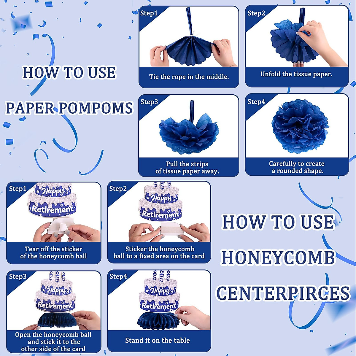 Roetyce Retirement Party Decorations for Men Women, 32PCS Blue Silver Happy Retirement Banner Balloons Honeycomb Cake Topper Pompoms Kit, Blue Retired Sash for Coworker, Office Retirement Supplies