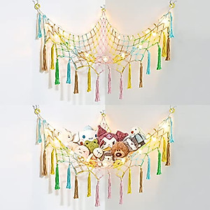 Dremisland Stuffed Animal Toy Hammock with Fairy Lights Macrame Rainbow Toy Net Hammock with Wood Beads Tassels-Stuff Animals Organizer Storage Toy Net Holder for Nursery Play Room, Kids Bedroom
