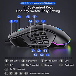 AULA H510 MMO Gaming Mouse, with Backlit RGB LED, 14 Buttons Programmable, 10,000 DPI, Ergonomic Optical Sensor USB Wired Computer Mice for FPS/MOBA Games, Black
