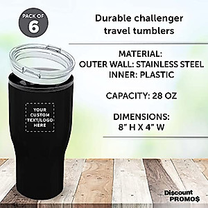 Custom Stainless Steel Travel Mugs by Challenger 28 oz. Set of 6, Personalized Bulk Pack - Perfect for Coffee, Soda, Other Hot & Cold Beverages - Black