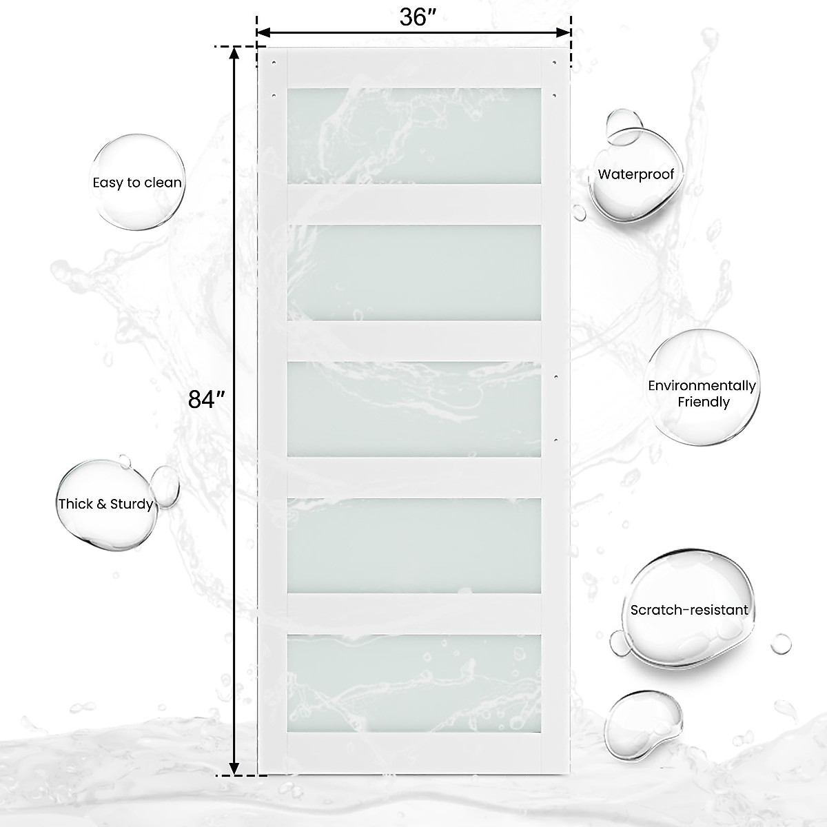SmartStandard 36 x 84 in Glass Barn Door with 6.6FT Sliding Hardware Kit & Handle, Pre-Drilled Ready to Assemble, Waterproof PVC Coating, White, 5-Panel Glass