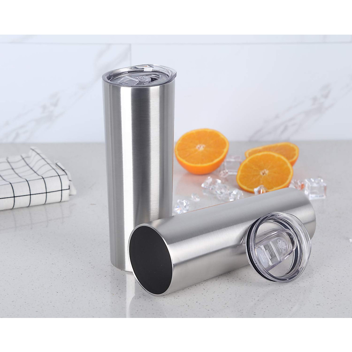 Wzaytia 20 Oz Skinny Tumbler Set, Skinny Stainless Steel Tumbler Set with Lids, Insulated Skinny Slim Water Tumbler for Diy, Silver