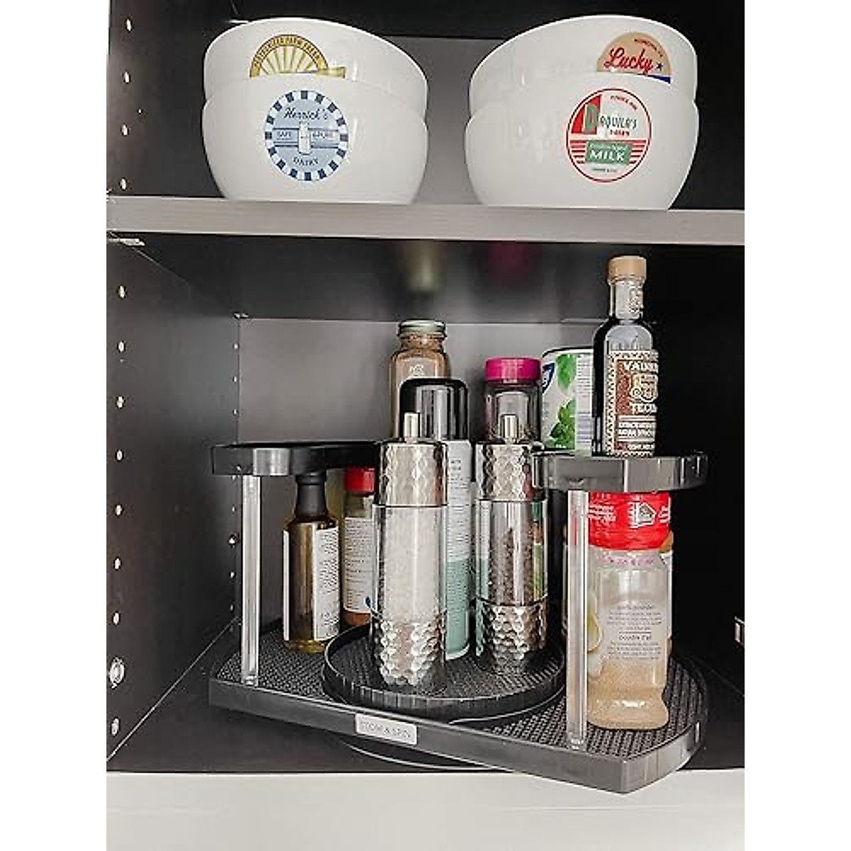 Spice Rack Organizer for Cabinet 2 Tier Lazy Susan Organizer Holds 40 Spice Jars with Double Spinner on Bottom Spice Shelf for Kitchen Pantry Organization and Storage by Stow-n-Spin Made in USA