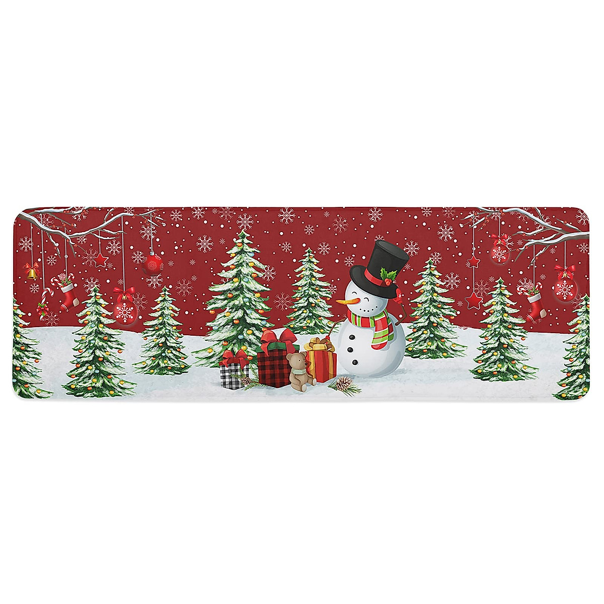 Libaoge Kitchen Mat Rug 1 PCS Christmas Snowman Xmas Tree Gift Winter Snow Red Runner Rug Anti-Fatigue Comfort Memory Foam Standing Mat Non-Slip Floor Door Mat for Bathroom Bedroom 20x63in