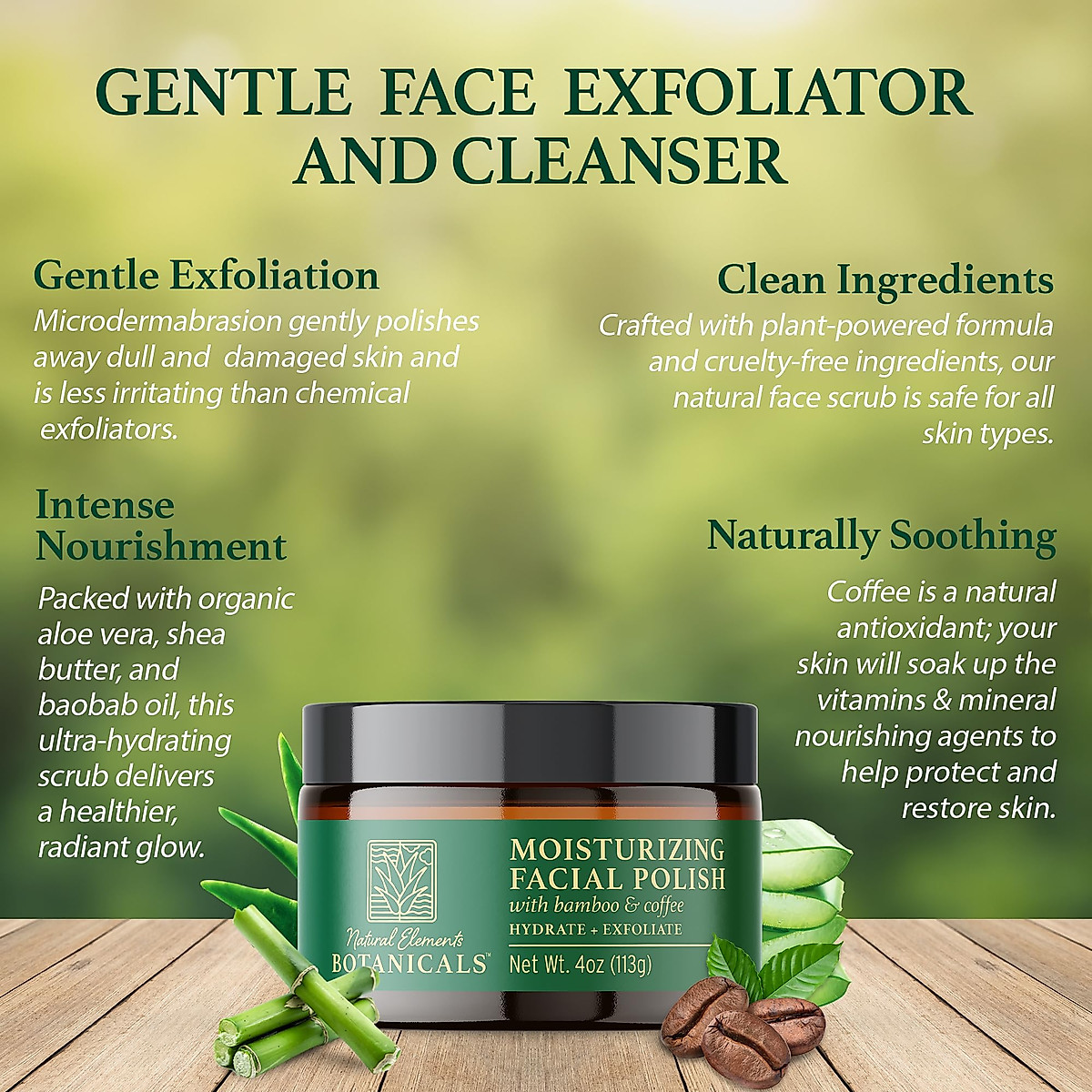 Natural Elements Botanicals Moisturizing Facial Polish, Gentle Face Scrub, 2-in-1 Facial Scrub, Hydrating & Exfoliating Face Scrub, Facial Exfoliator w/Bamboo & Coffee, 2 oz
