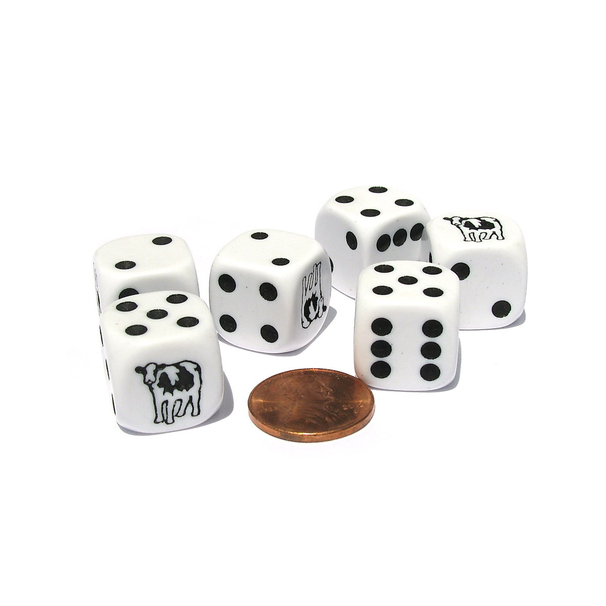 Set of 6 Cow Dice 16mm D6 Rounded Edge Koplow Animal Dice- White with Black Pips