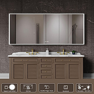 tunuo Medicine Cabinets for Bathroom with Mirror, 60”W x 36”H Wall Mounted LED Medicine Cabinet Mirror with Defogger, Dimmer, Outlets & USB, Three Doors