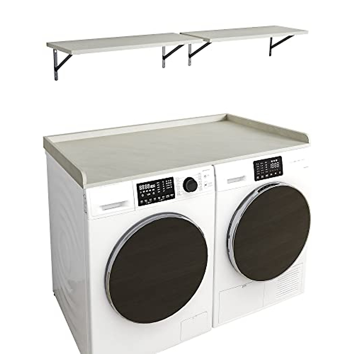 Kaboon Washer Dryer Countertop and Shelves Set,Melamine Countertop with Edge Rails - 27.5" Depth x 54" Width, Sea Salt/Greylish White