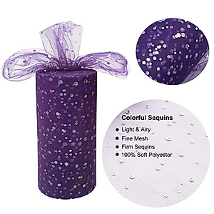 Glitter Tulle Rolls, 6” by 50 Yards (150FT) Sparkling Tulle Spool Ribbon Sequin Tulle Netting Fabric for Tutu Skirt Wedding Birthday Baby Shower (Purple)