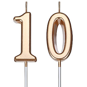 10th Birthday Candles Cake Number Candles Happy Birthday Cake Candles Topper Decoration for Birthday Wedding Anniversary Celebration Favor, Champagne Gold