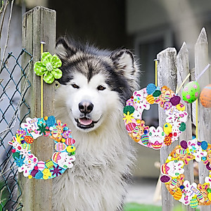 Whaline 12 Sets Easter Foam Stickers Easter Wreath Signs with 400Pcs Cute Bunny Egg Stickers, Rhinestone Sticker, 100Pcs Pom Balls and Yellow Ribbons DIY Foam Wreath Signs for Easter Holiday Party Art