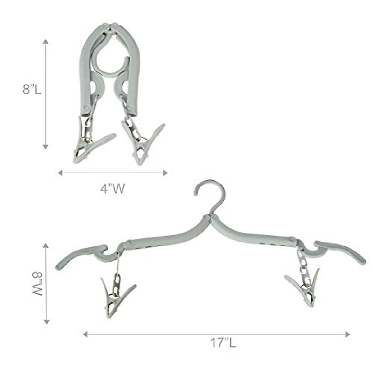Home-X Folding Hangers with Clips, Space-Saving Hangers for Clothes, Compact Closet Organizer Accessories, Travel Clothes Hangers, Set of 2, 8" L x 4" W x ½” H, Gray