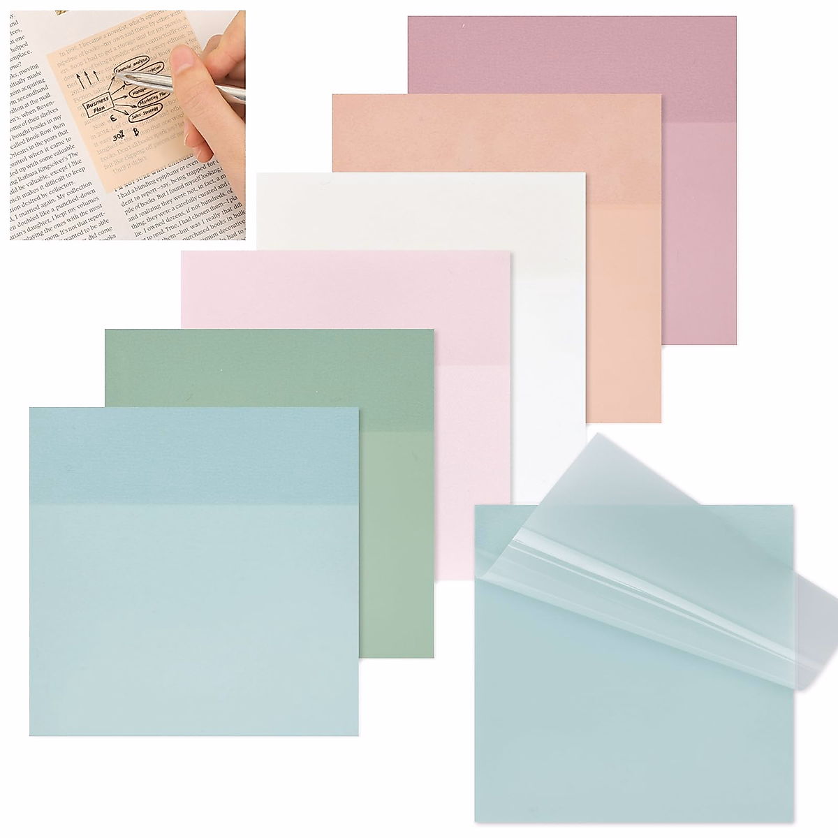 EOOUT 300 Sheets Pastel Transparent Sticky Notes, 6 Pads, 3x3 Inch, 6 Colors Clear Self-Sticky Notes, Translucent Adhesive Sticky Notes, for Bible Tabs, Book Tabs, School Supplies for College, Office