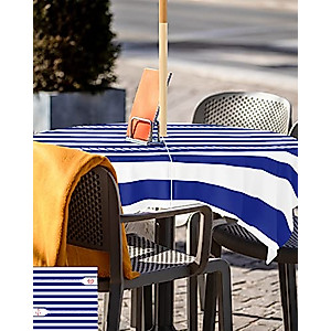 EZON-CH Outdoor Tablecloth with Umbrella Hole and Zipper 54"x54", Anchor Rope and Steering Wheel Blue Square Waterproof Table Cloth Table Covers for Dining, Garden, Courtyard, Patio, Camping, Picnic