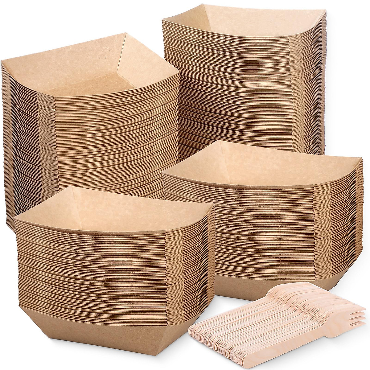 1000 Pcs Disposable Kraft Food Trays, Heavy Duty 2lb Coated Cardboard Food Boats, Disposable Wooden Forks Biodegradable Holds Nachos, Tacos, Hot Dogs and More Picnic Fiesta Camping Kiosk Supplies